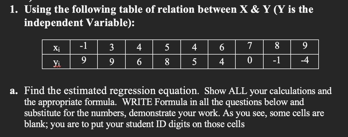Solved 1. Using the following table of relation between X&Y | Chegg.com