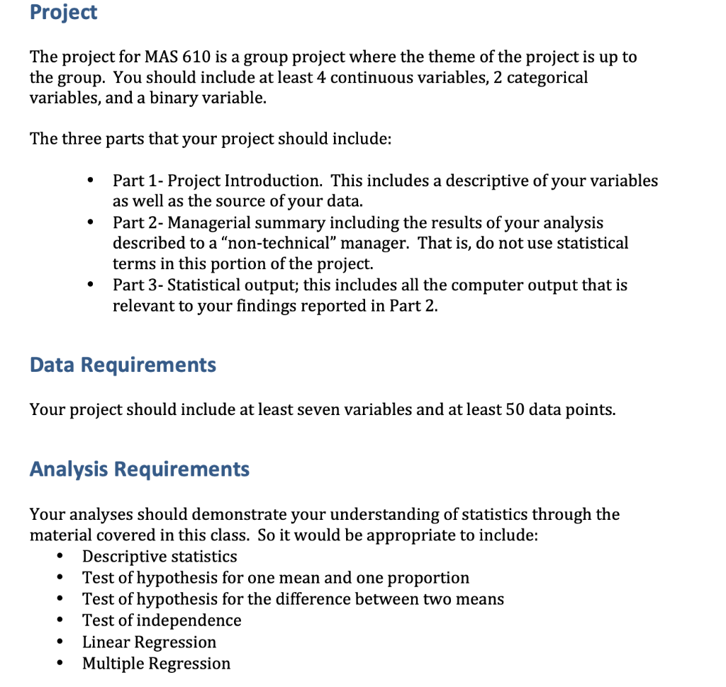 Project The project for MAS 610 is a group project | Chegg.com