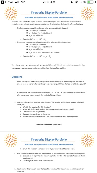 Drivel :09 AM Fireworks Display Portfolio ALGEBRA 2A: | Chegg.com