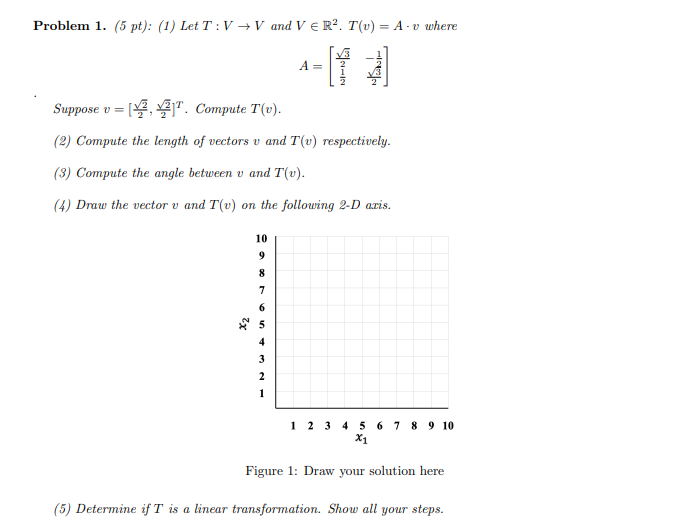 Solved Problem 1. (5 pt): (1) Let T:V→V and V∈R2.T(v)=A⋅v | Chegg.com