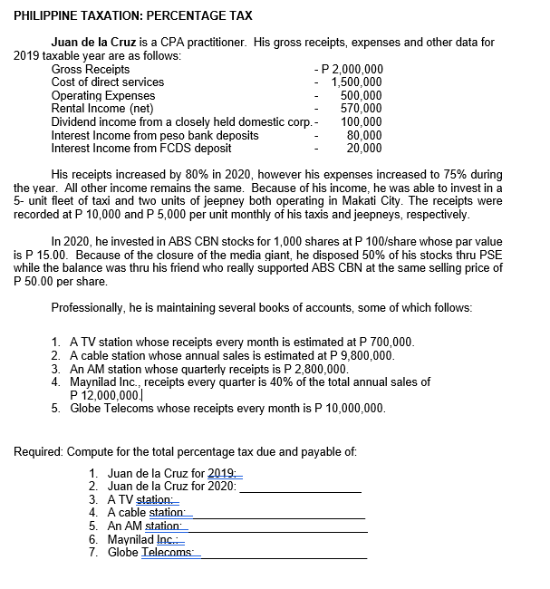 Solved PHILIPPINE TAXATION: PERCENTAGE TAX Juan de la Cruz | Chegg.com