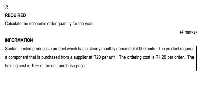Solved 1.3REQUIREDCalculate the economic order quantity for | Chegg.com
