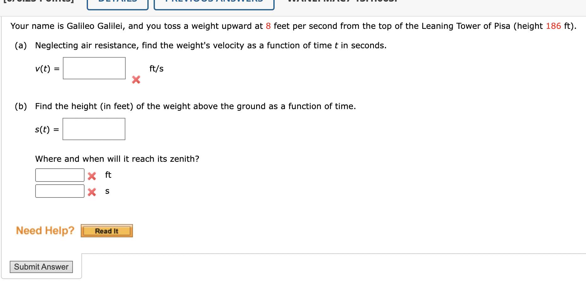 Solved Your name is Galileo Galilei, and you toss a weight | Chegg.com