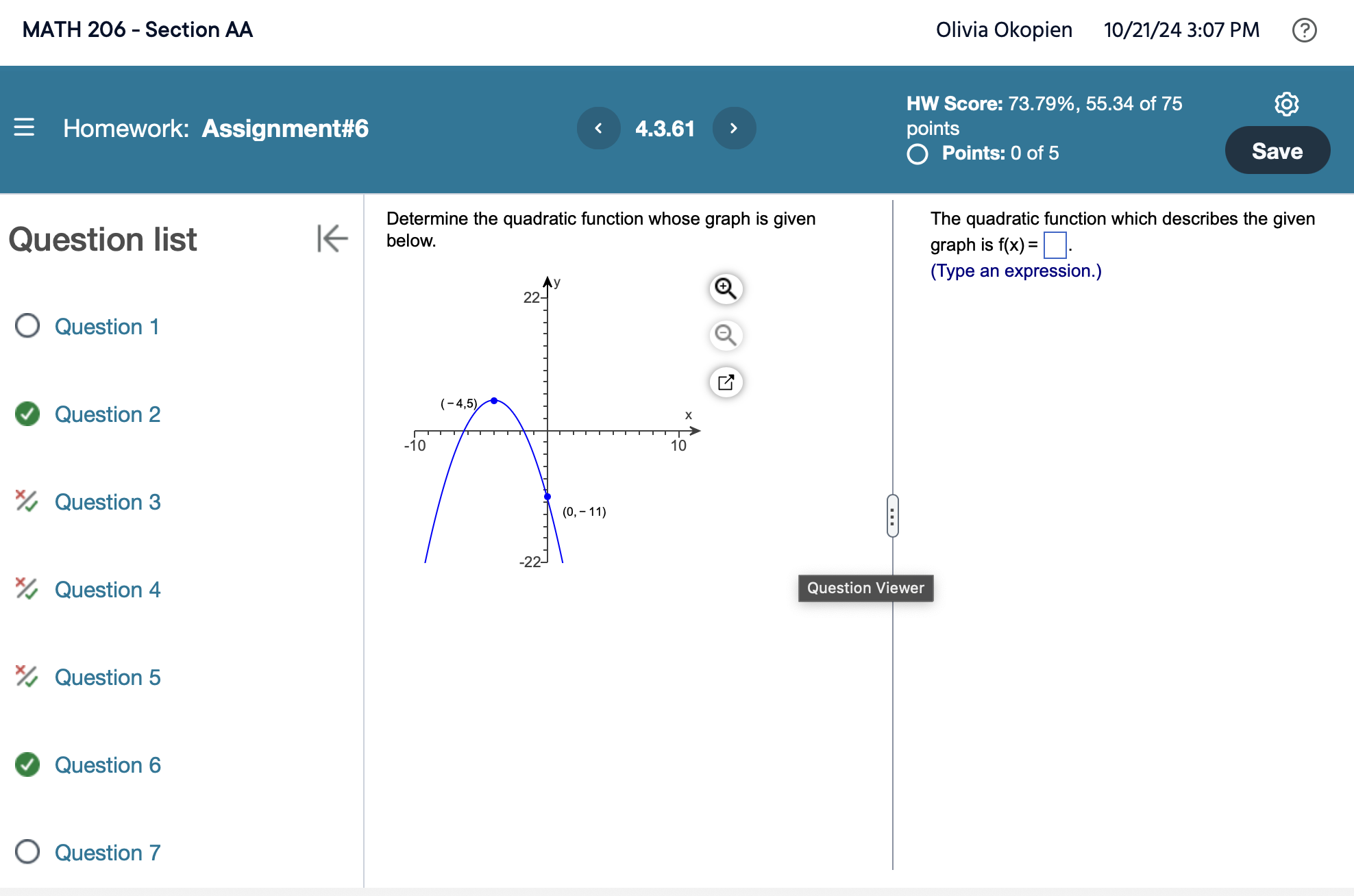 Solved Question 7determine The Quadratic Function Whose 2736