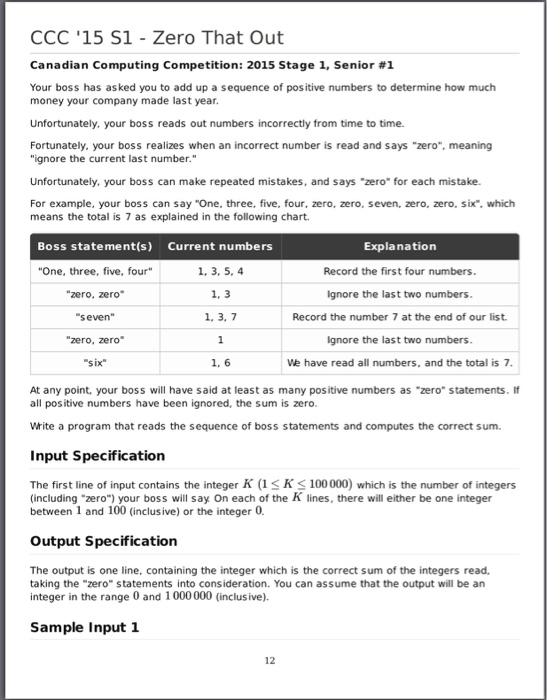 Solved CCC '15 S1 - Zero That Out Canadian Computing | Chegg.com