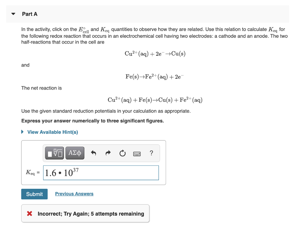 Solved Part A In the activity, click on the Ecell and Keq | Chegg.com