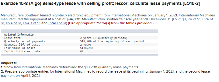 Solved Exerclse 15-8 (Algo) Sales-type lease with selling | Chegg.com