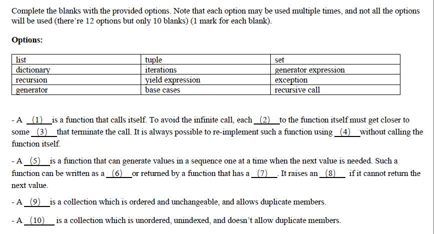 Solved Complete the blanks with the provided options. Note | Chegg.com