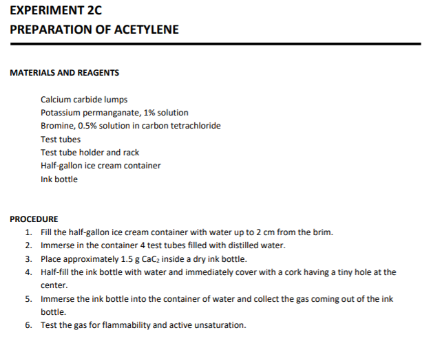 Solved EXPERIMENT 2C PREPARATION OF ACETYLENE MATERIALS AND | Chegg.com