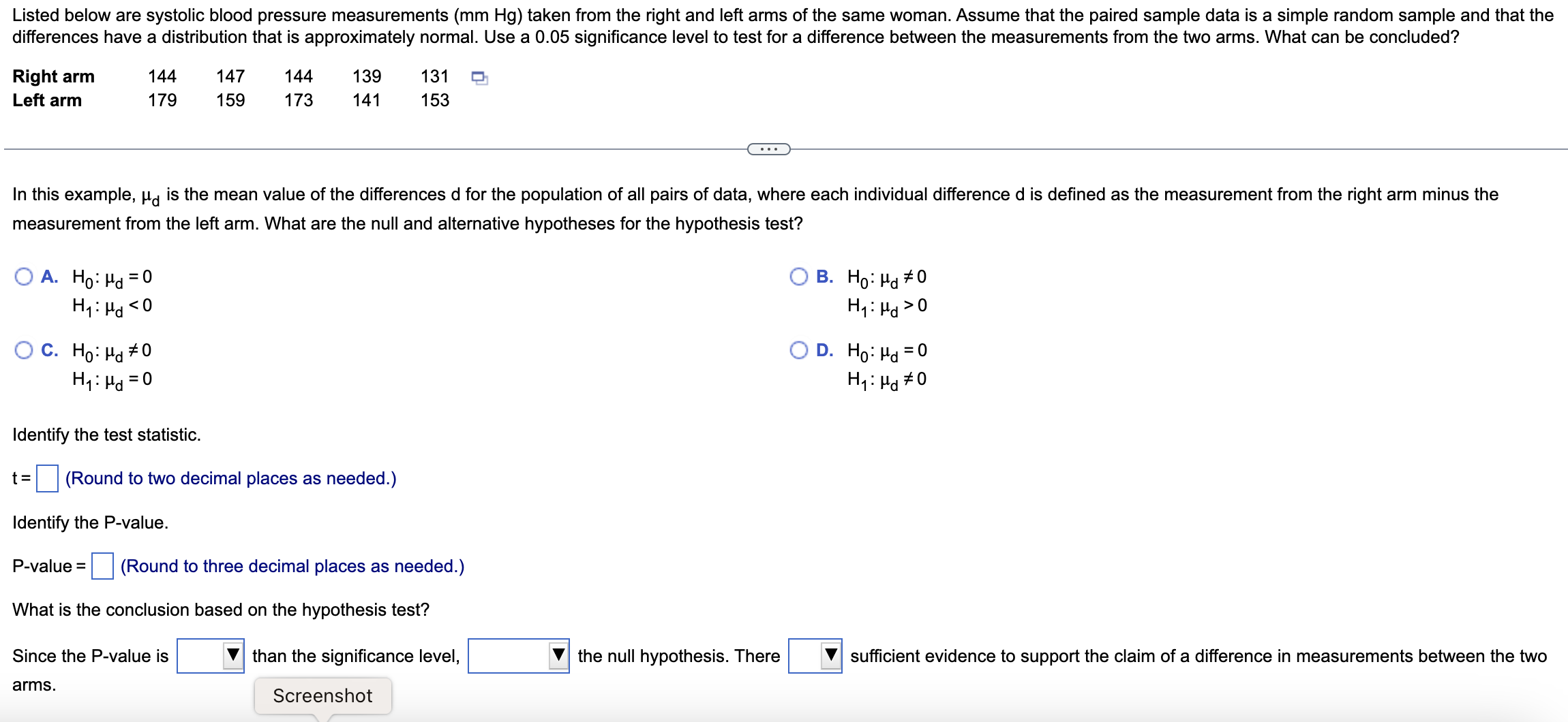 Solved measurement from the left arm. What are the null and | Chegg.com
