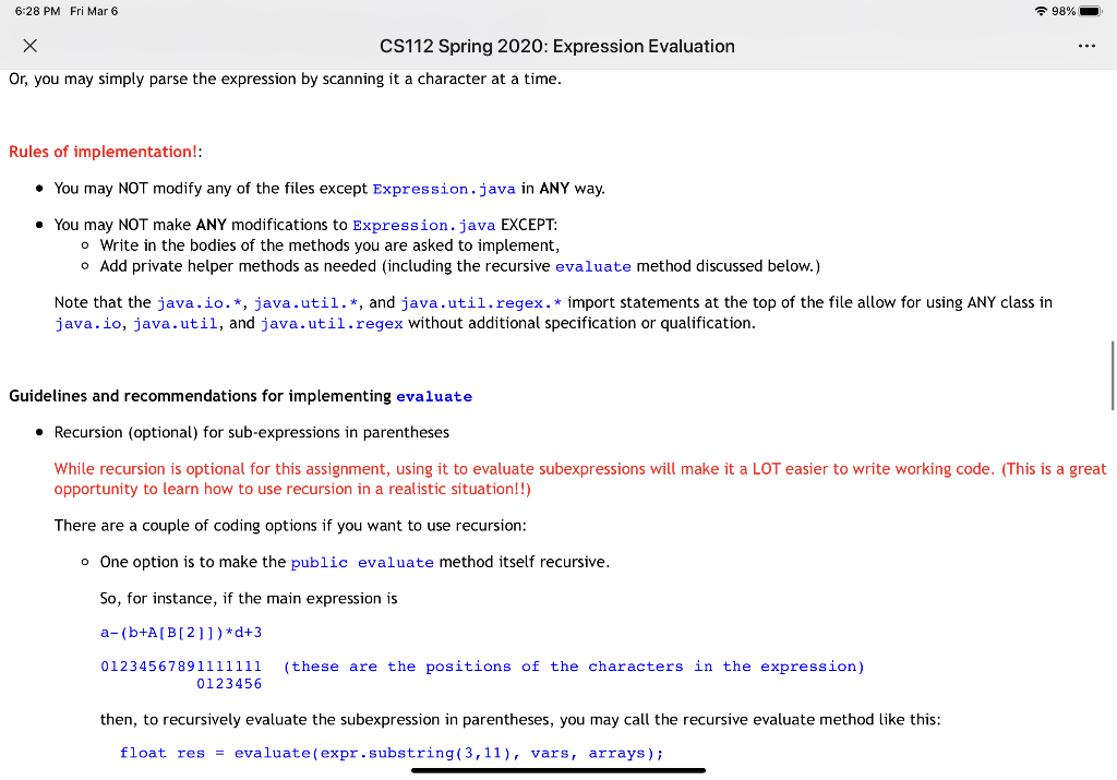 Solved 6:28 PM Fri Mar 6 98% X CS112 Spring 2020: Expression | Chegg.com