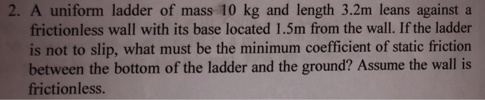 Solved 2. A uniform ladder of mass 10 kg and length 3.2m | Chegg.com