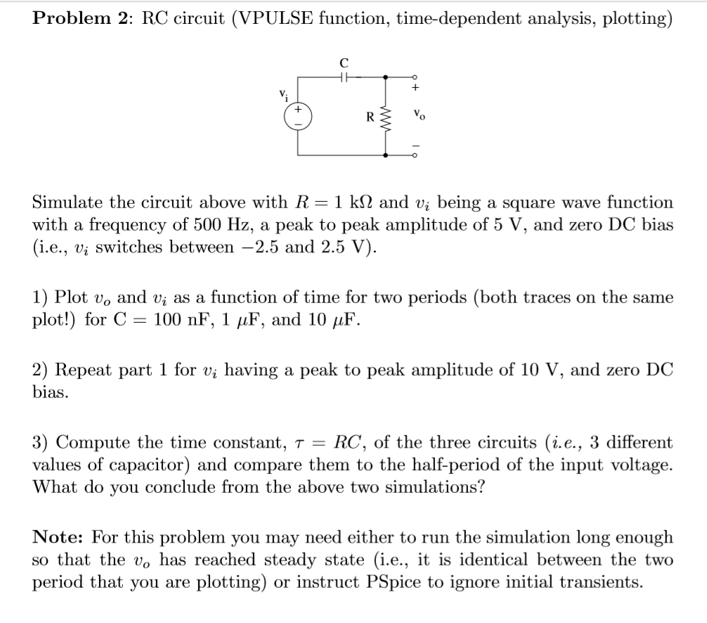 Problem 2: RC circuit (VPULSE function, | Chegg.com