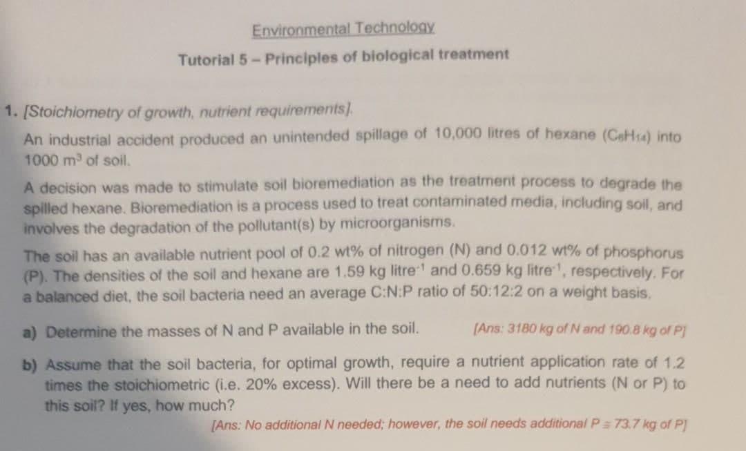 Solved Environmental Technology Tutorial 5 - Principles of | Chegg.com