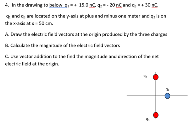 Solved 4. In the drawing to below q1 = + 15.0 nC, q2 = - 20 | Chegg.com