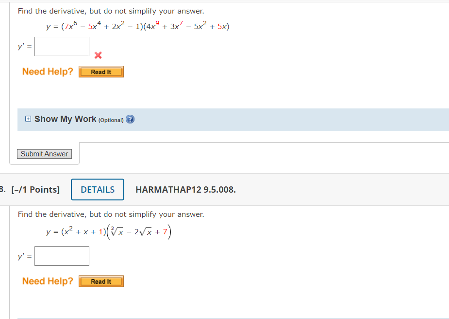 Solved Find the derivative, but do not simplify your answer. | Chegg.com