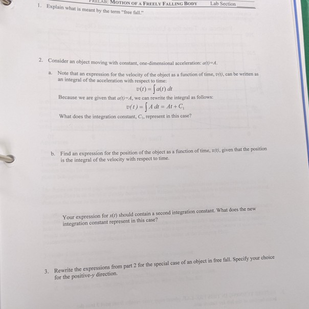 Solved ELAB: MOTION OF A FREELY FALLING BODY 1. Explain what | Chegg.com