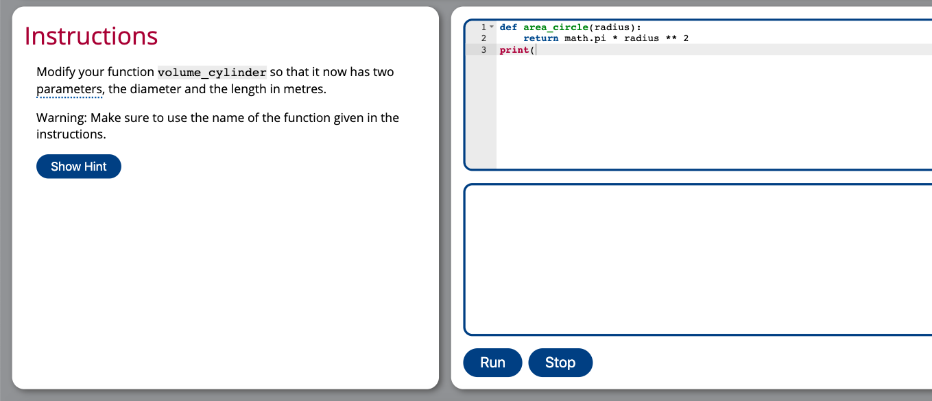 Solved Instructions 1-def area_circle(radius): 2 return | Chegg.com