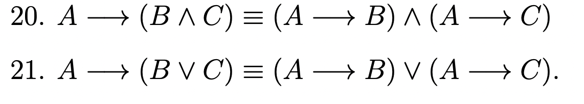 Solved 20. A (B∧C)≡(A B)∧(A C) 21. A (B∨C)≡(A B)∨(A C) | Chegg.com
