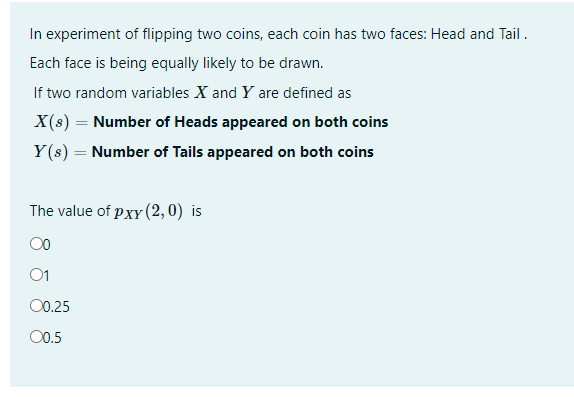 Solved In experiment of flipping two coins, each coin has | Chegg.com
