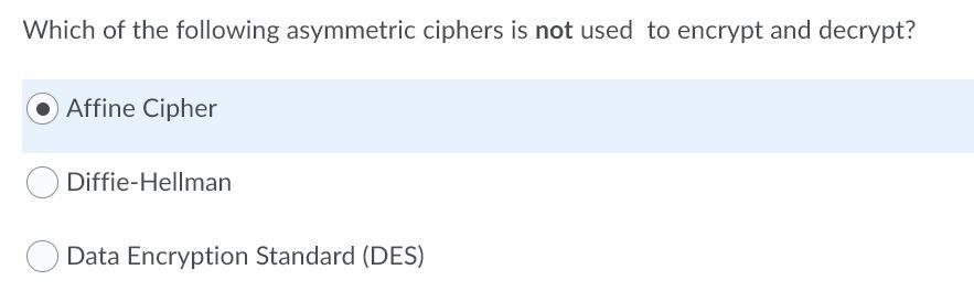 Solved Which of the following asymmetric ciphers is not used | Chegg.com