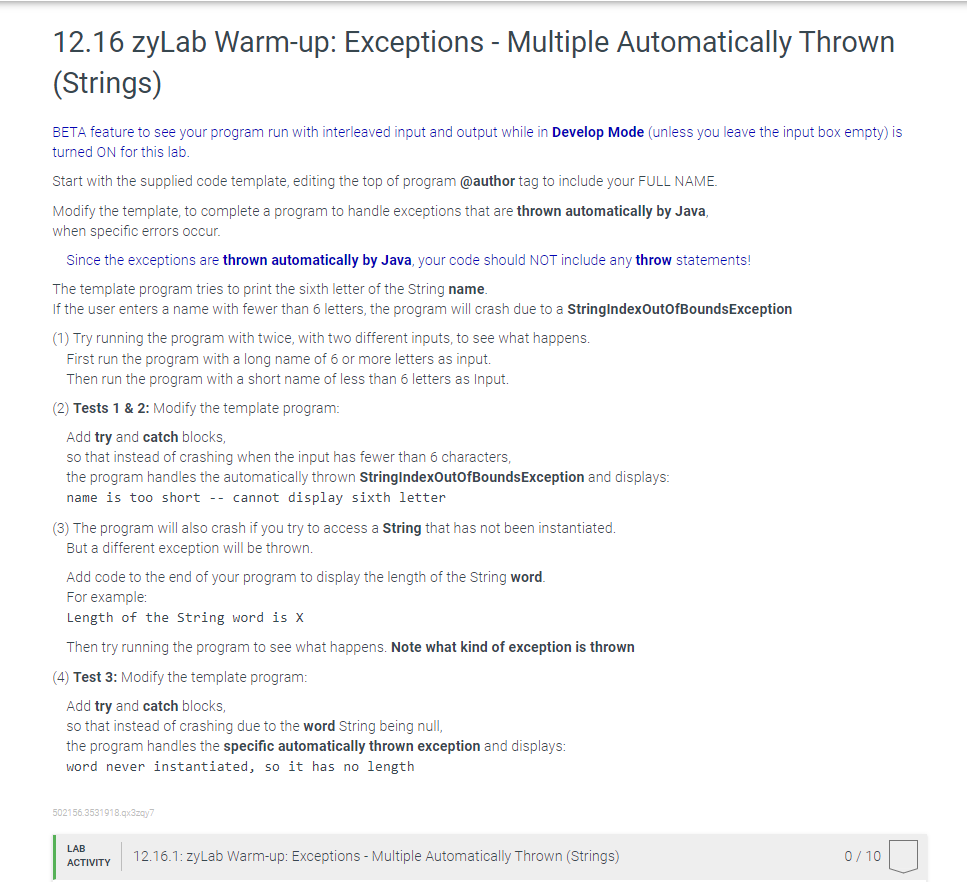 Solved 12.16 zyLab Warm-up: Exceptions - Multiple | Chegg.com