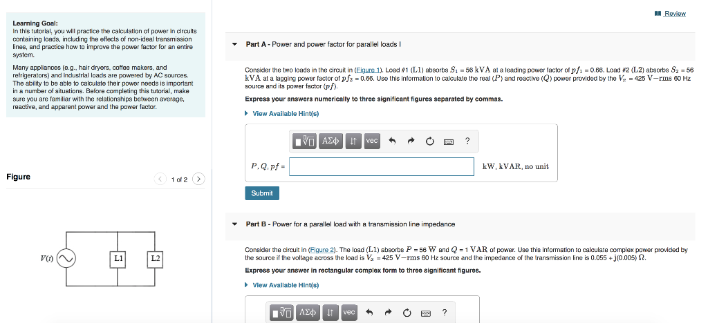 Solved Review Part A-Power and power factor for parallel | Chegg.com
