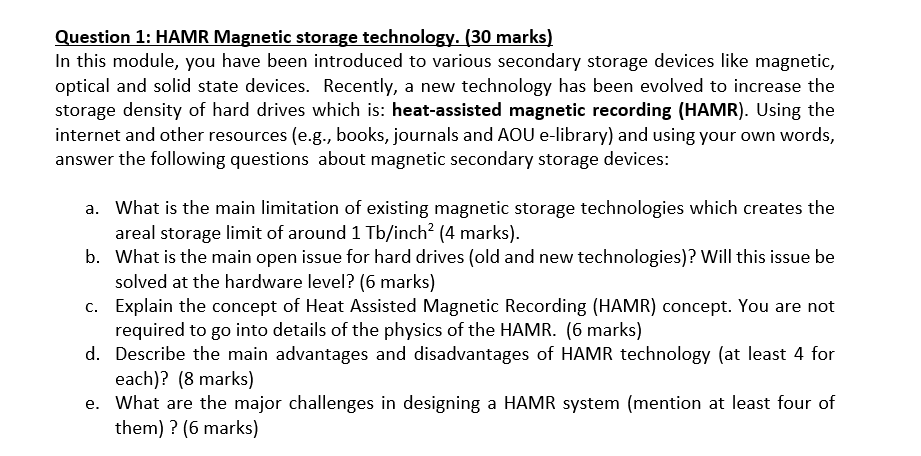 Solved Question 1: HAMR Magnetic storage technology. (30 | Chegg.com