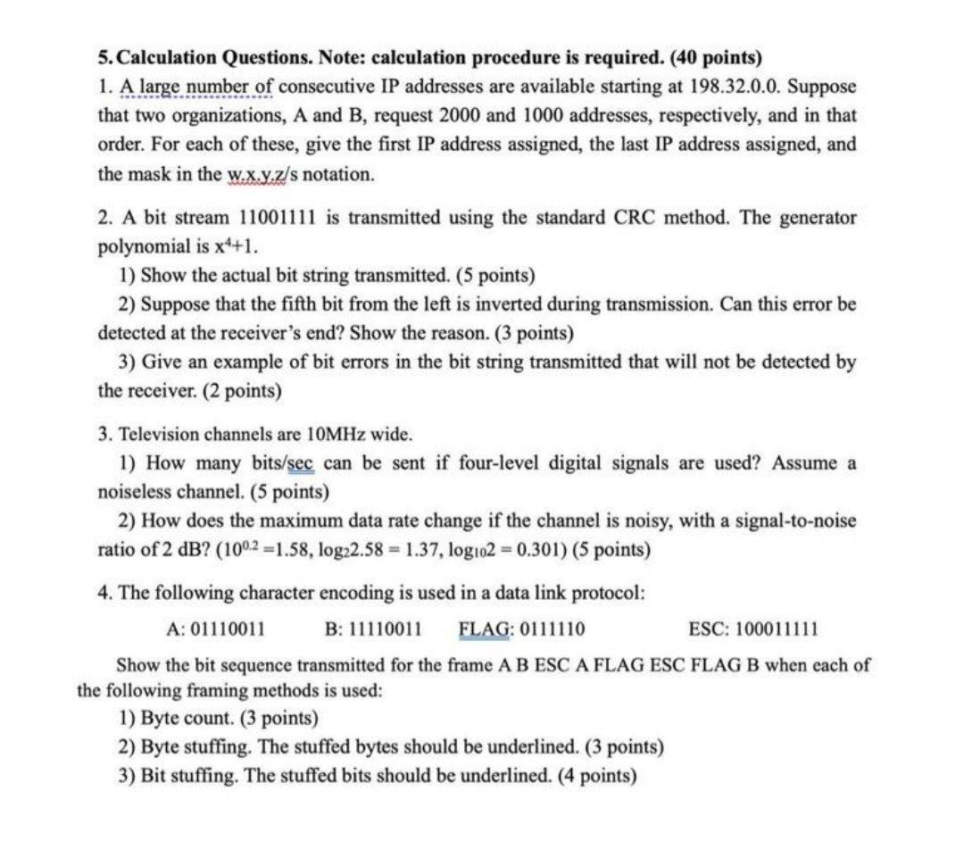 Solved 5. Calculation Questions. Note: calculation procedure | Chegg.com