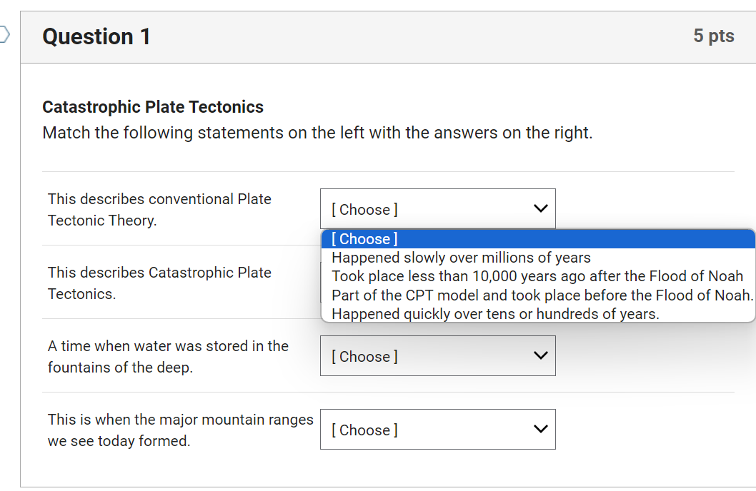 Solved Catastrophic Plate Tectonics Match the following | Chegg.com