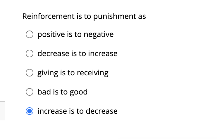 Solved Reinforcement is to punishment as positive is to | Chegg.com