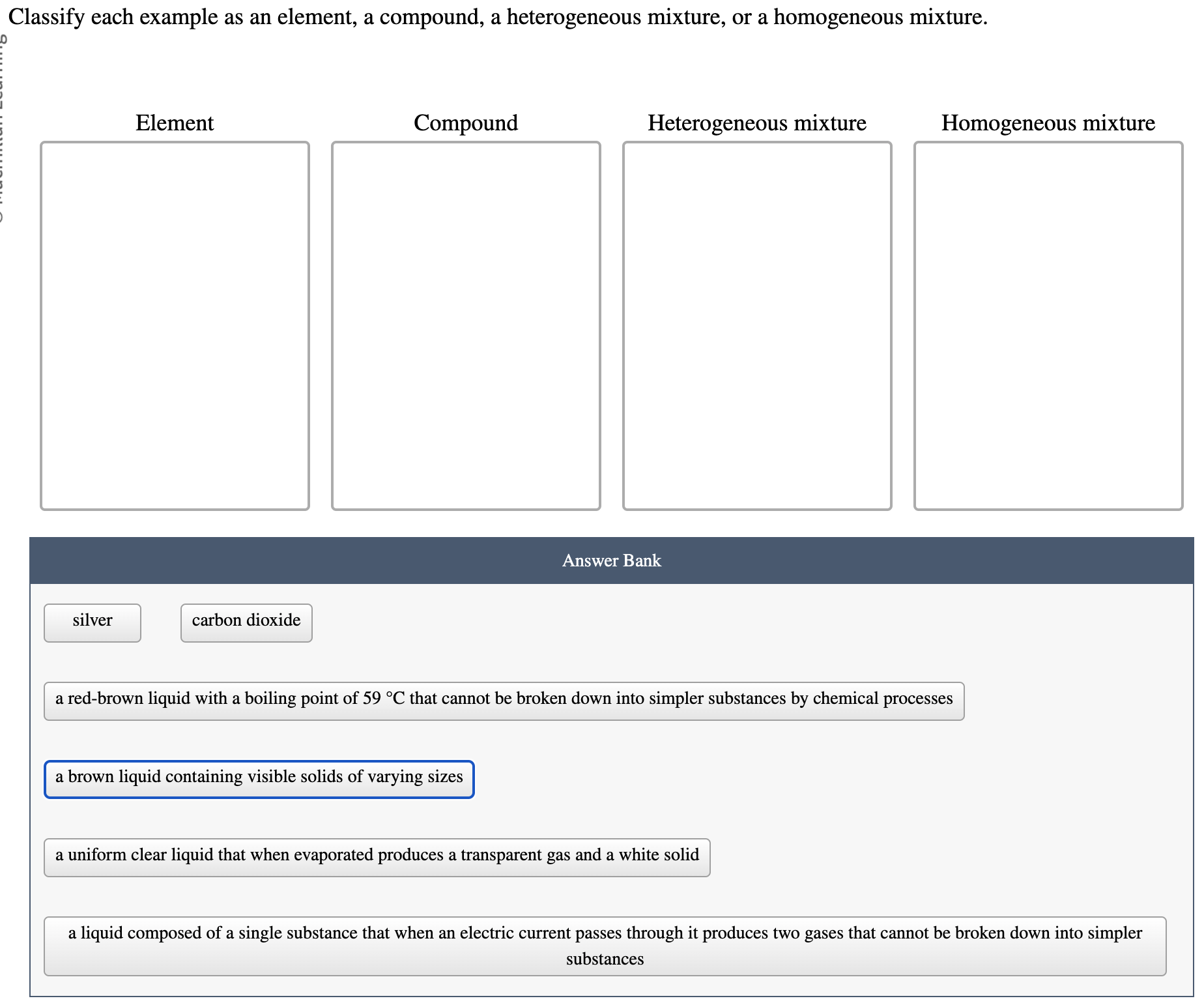 Solved classify each example as an element, a compound, a | Chegg.com