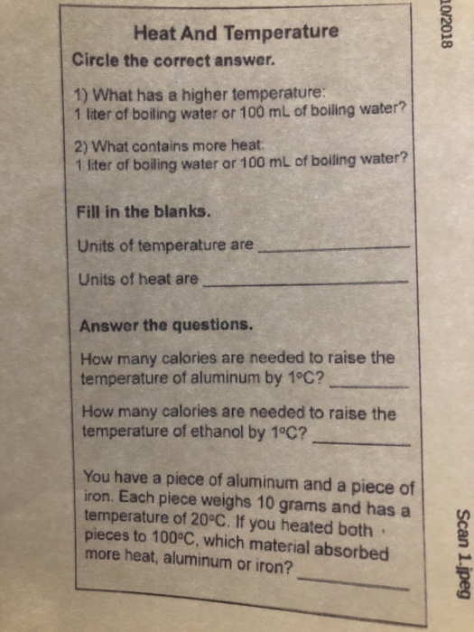 Solved Heat And Temperature Circle the correct answer. 1) | Chegg.com