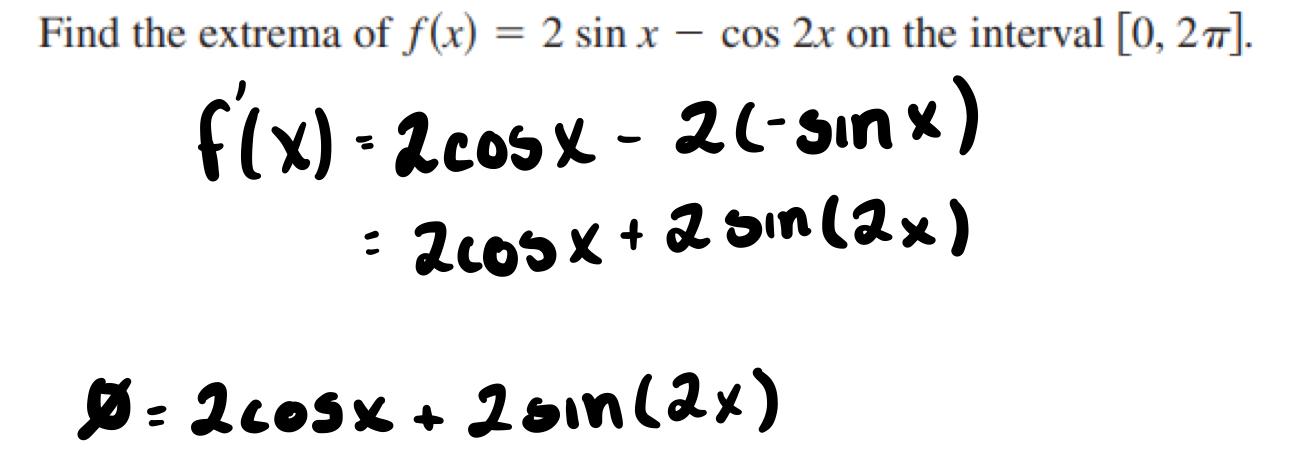 Solved Find the extrema of f(x)=2sinx−cos2x on the interval | Chegg.com