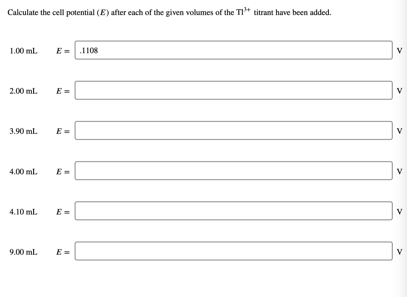 Solved You are titrating 20.0 mL of 0.0100 M Sn2+ in 1 M HCl | Chegg.com
