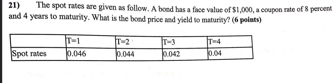Solved 21) The spot rates are given as follow. A bond has a | Chegg.com