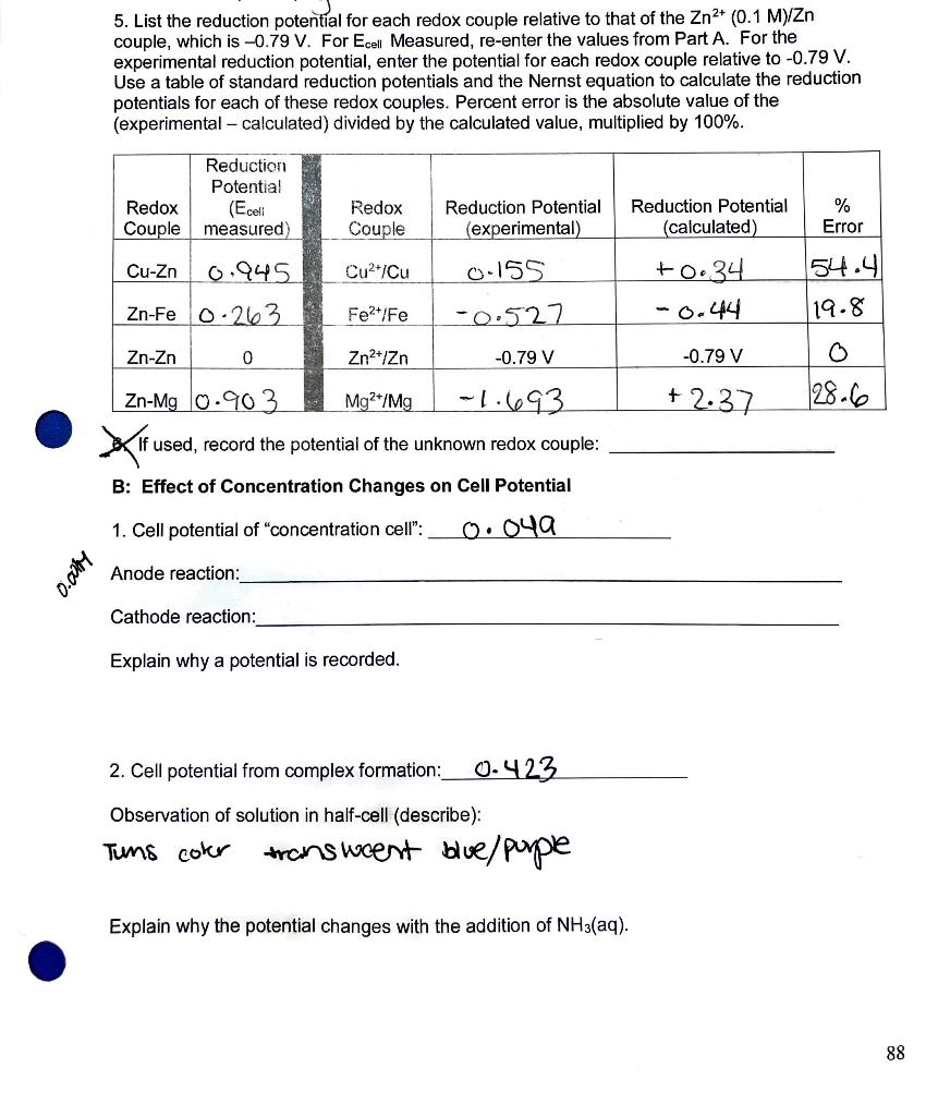 Solved 5. List the reduction potential for each redox couple | Chegg.com