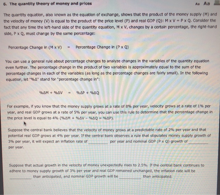 Solved 6. The quantity theory of money and prices The | Chegg.com