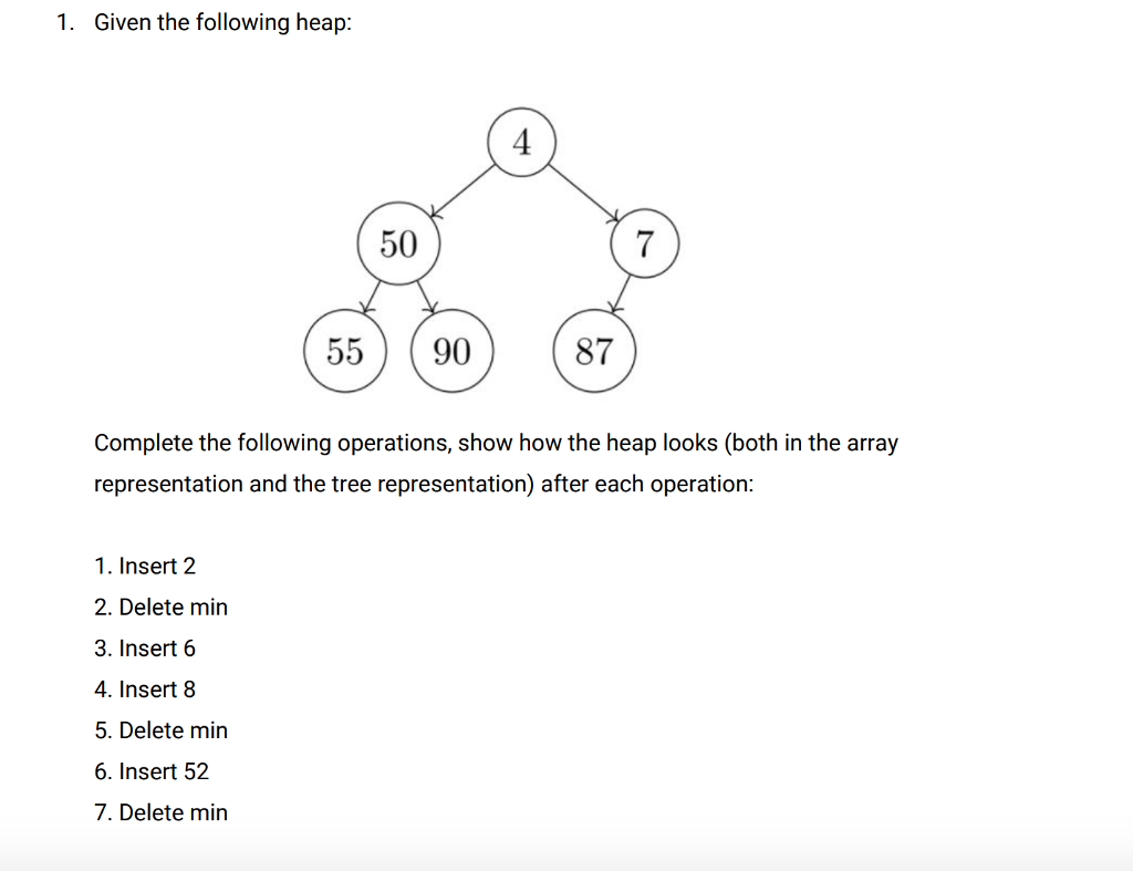 Solved 1. Given the following heap: 4 50 55) (90 87 Complete | Chegg.com