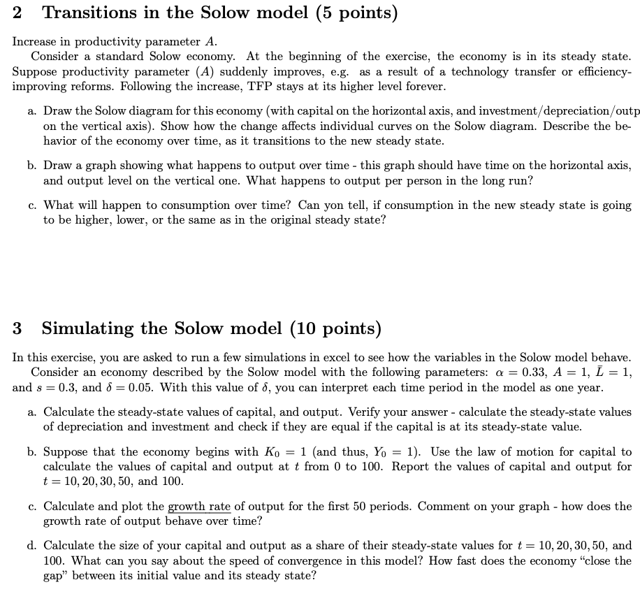 Solved 2 Transitions in the Solow model (5 points) Increase | Chegg.com