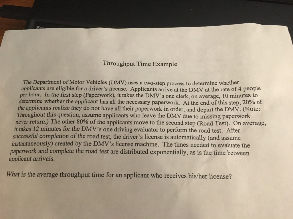 Throughput Time Example The Department of Motor | Chegg.com