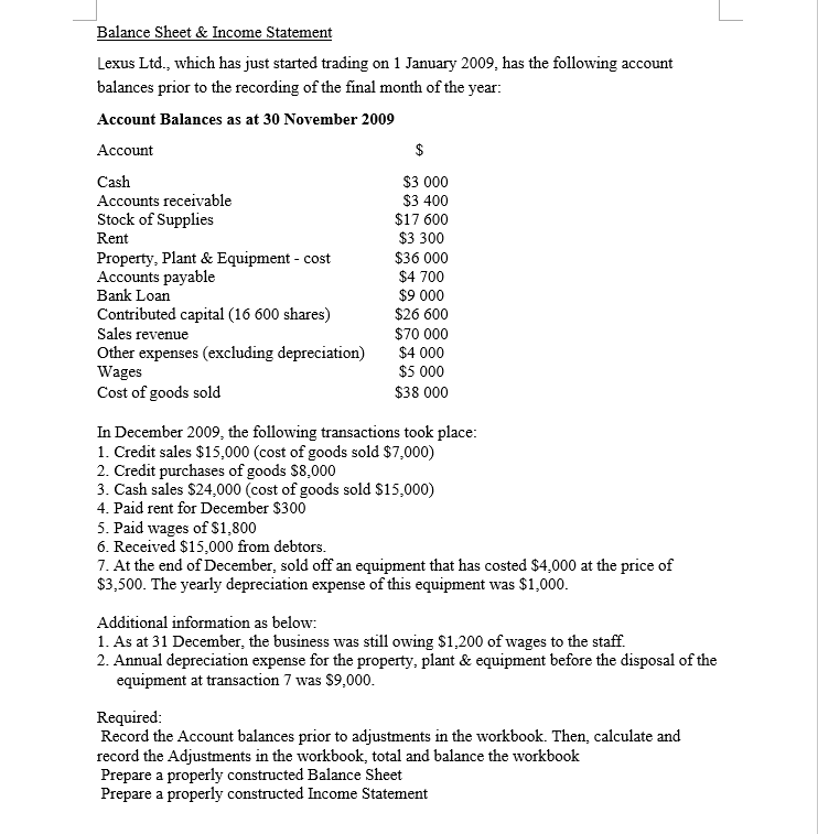 Solved Balance Sheet & Income Statement Lexus Ltd., which | Chegg.com