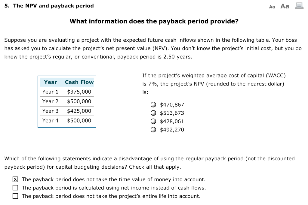 Solved 5. The NPV and payback period Aa Aa What information | Chegg.com