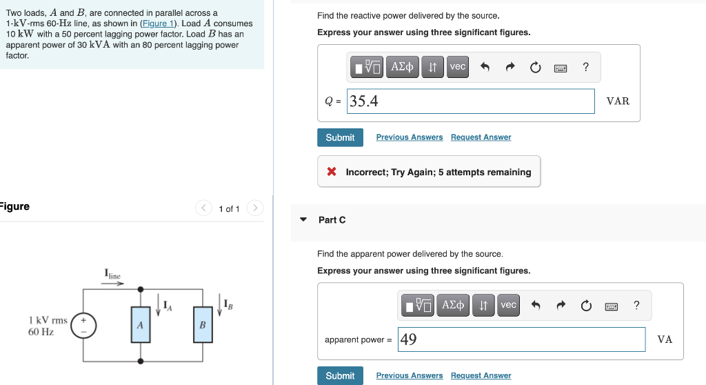 Solved Two loads, A and B are connected in parallel across a | Chegg.com