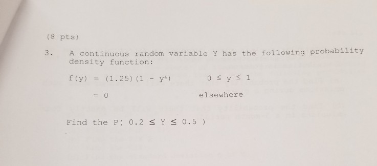 Solved (8 pts) A continuous random variable Y has the | Chegg.com