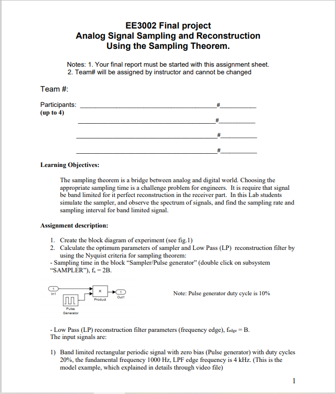 EE3002 Final project Analog Signal Sampling and | Chegg.com