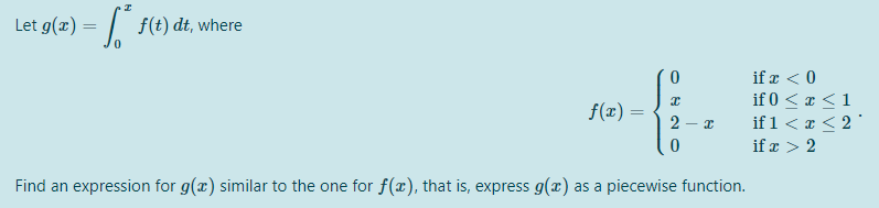 Solved Let g(x)=∫x0f(t)dtg(x)=∫0xf(t)dt, | Chegg.com Solved Let g(x)=∫x0f(t)dtg(x)=∫0xf(t)dt, | Chegg.com