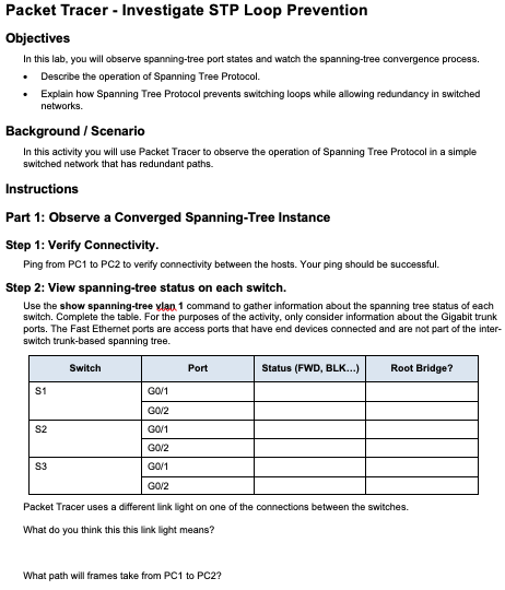 . Packet Tracer - Investigate STP Loop Prevention | Chegg.com