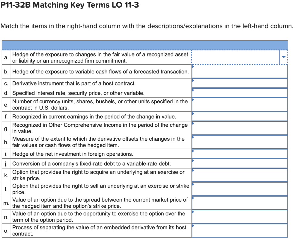 Solved P11-32B Matching Key Terms LO 11-3 Match the items in | Chegg.com