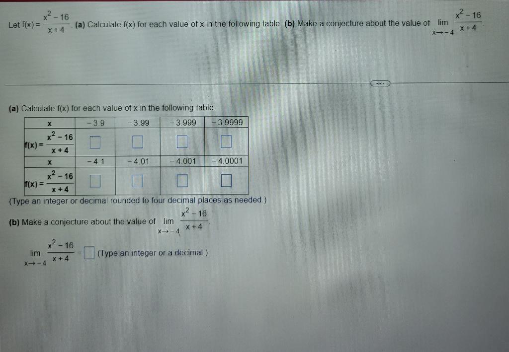 Solved Let f(x)=x+4x2−16 (a) Calculate f(x) for each value | Chegg.com